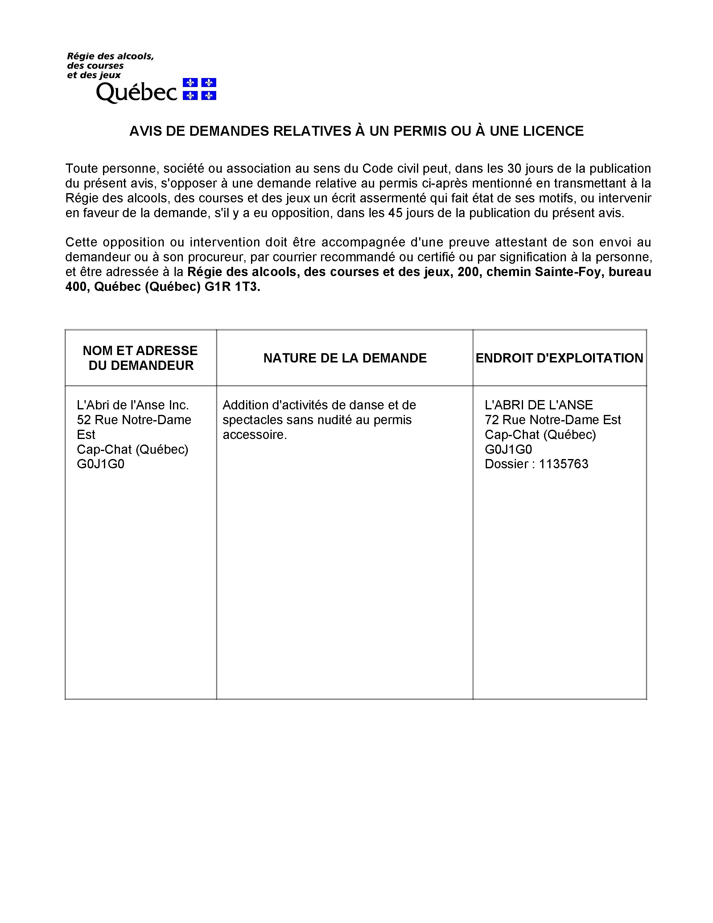 Avis - Permis RACJ (addition d'activités) pour L'Abri de l'Anse Inc.